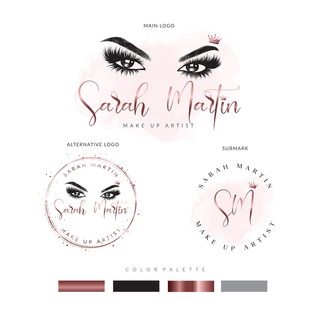 Lash Logo Set Rose Gold Lash Logo Watercolor Logo Makeup Artist Logo ...