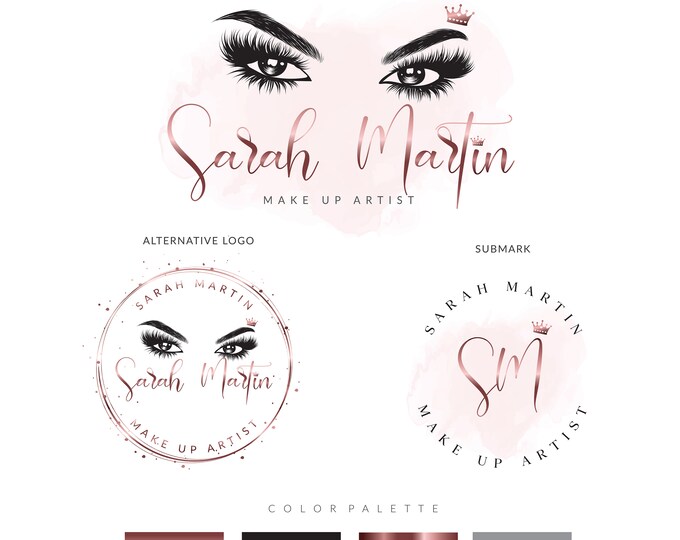 Lash Logo Set Rose Gold Lash Logo Watercolor Logo Makeup Artist Logo ...