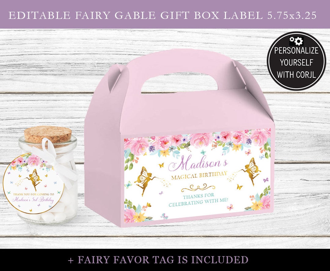 Fairy Birthday Gable Gift Box Labels Handle Favor Takeway Printable ...