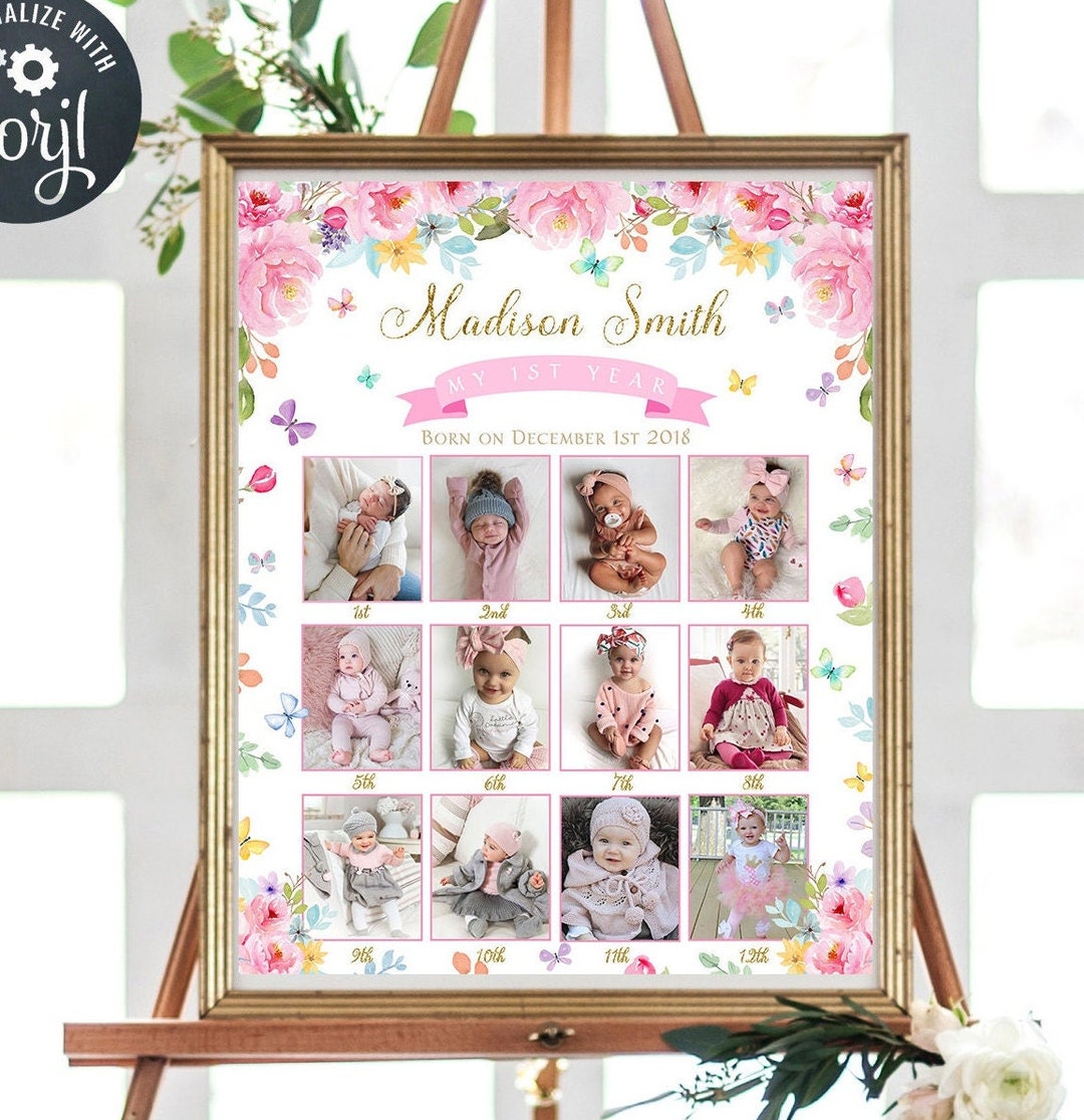 First Year Photo Collage Template, Butterfly Floral Photo Collage ...