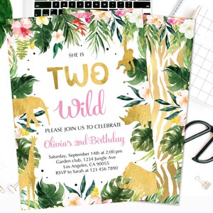 Two Wild Birthday Invitation Girl Safari Birthday Invite Jungle Animals ...