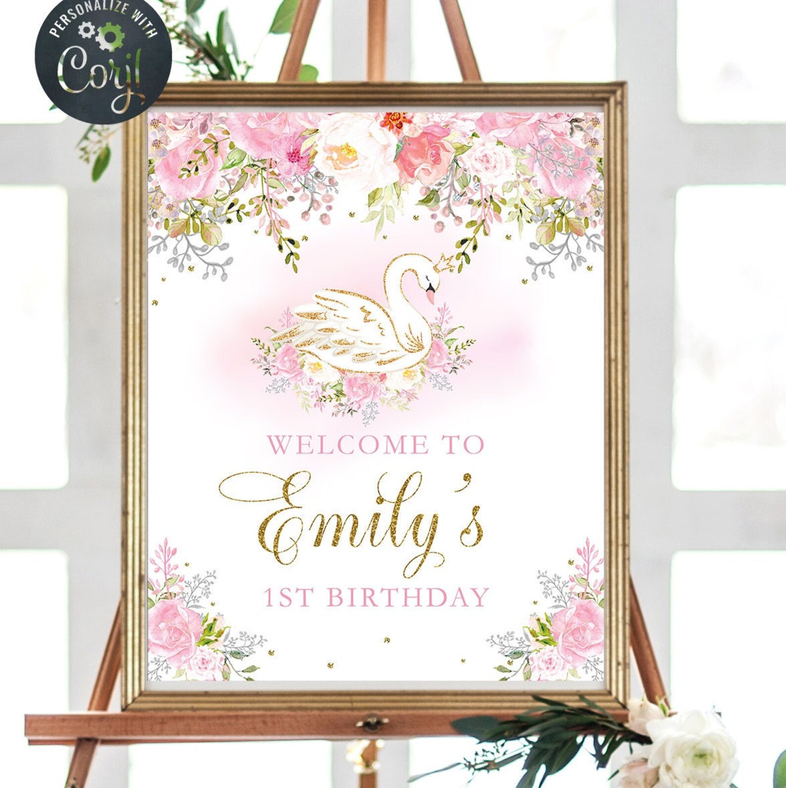 Editable Swan Birthday Welcome Sign, Floral Sign, Pink and Gold Swan ...