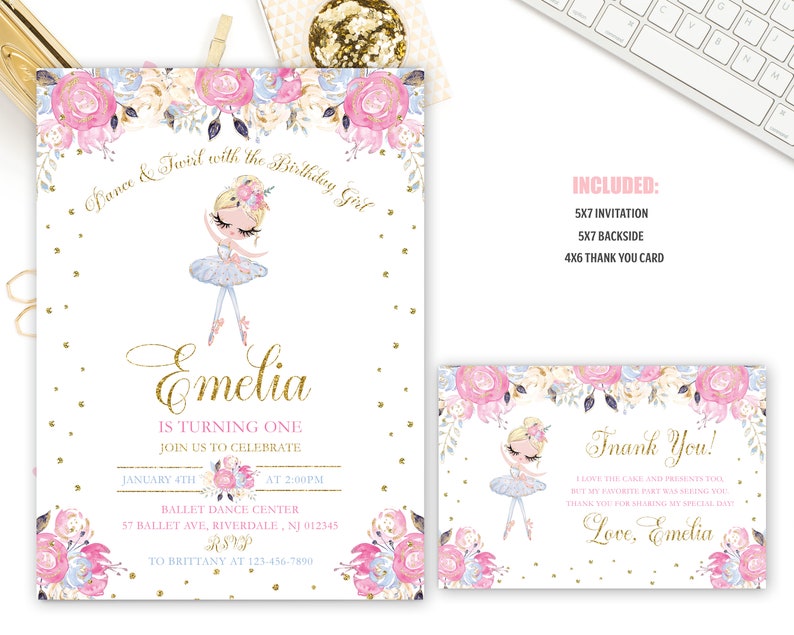 Ballerina Birthday Ballet Invitation Pink and Gold Tutu - Etsy