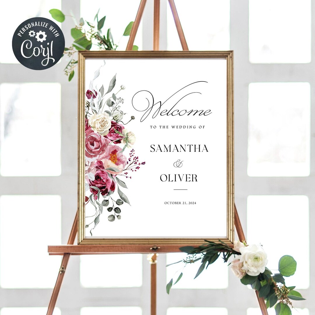 Burgundy Wedding Welcome Sign, Editable Welcome Sign, Printable Wedding ...