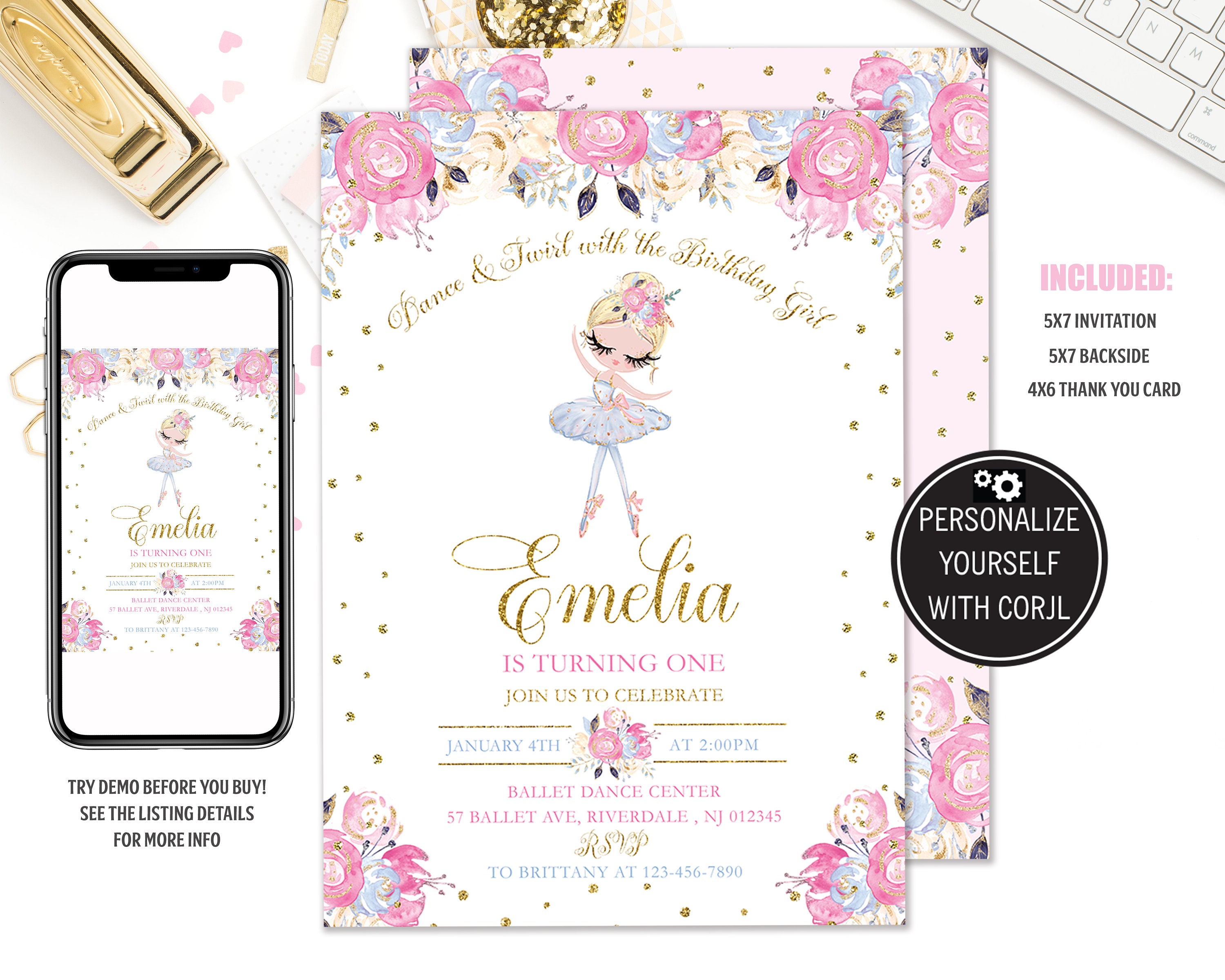 Ballerina Birthday Ballet Invitation Pink and Gold Tutu | Etsy