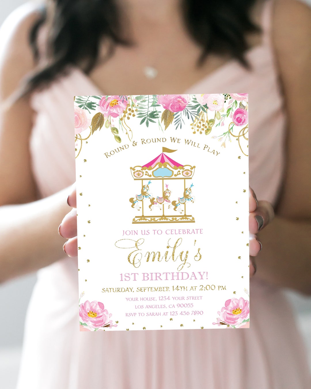 EDITABLE Carousel Birthday Invitation, Pink & Gold Carousel Birthday ...