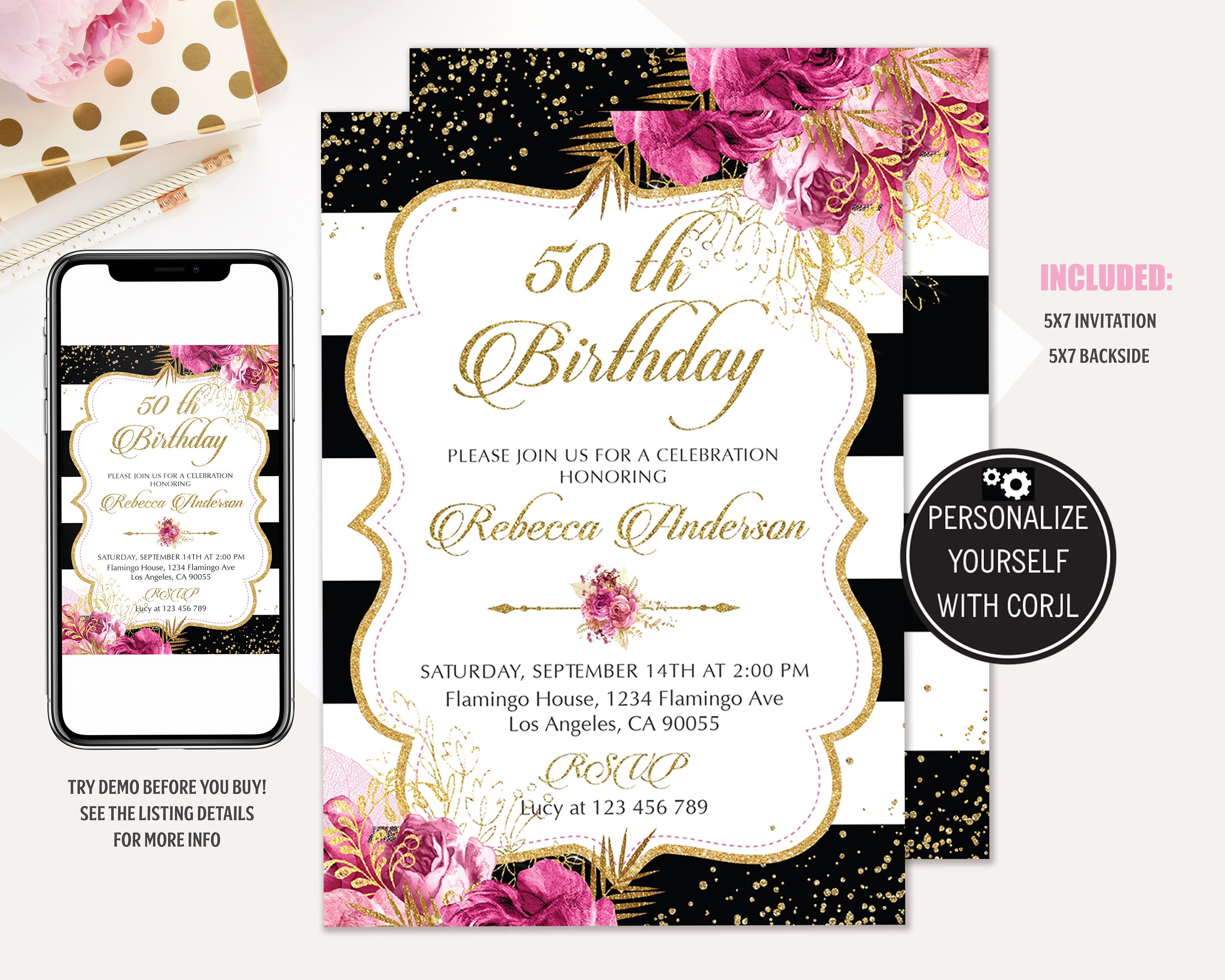 Editable 50th Birthday Invitation Floral Women Birthday | Etsy