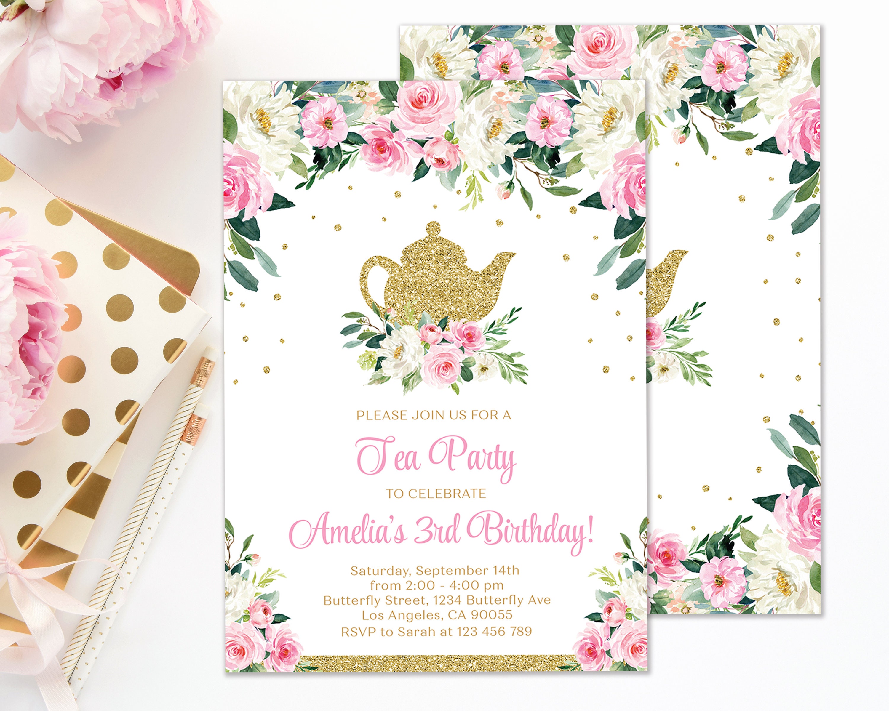 Tea Party Birthday Invitation Floral Tea Birthday Invitation | Etsy