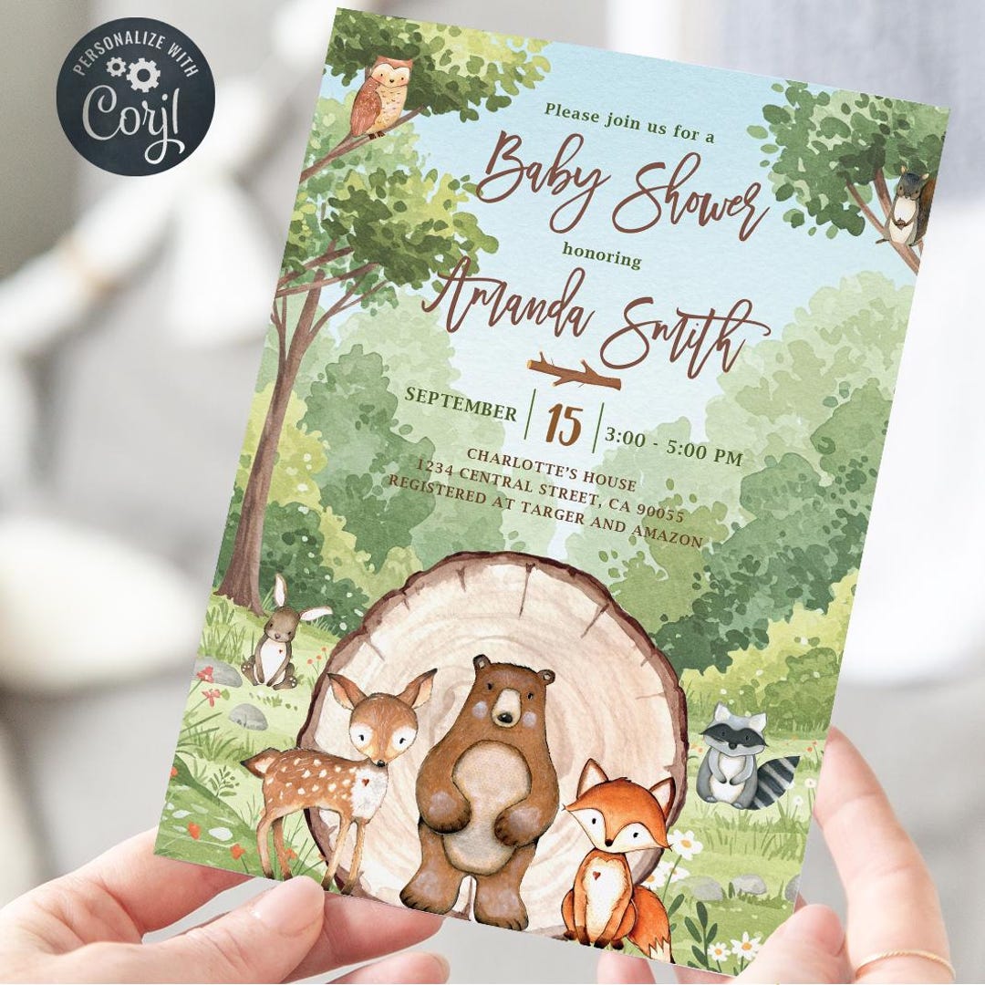 Editable Woodland Baby Shower Invitation, Forest Animals Baby Shower ...