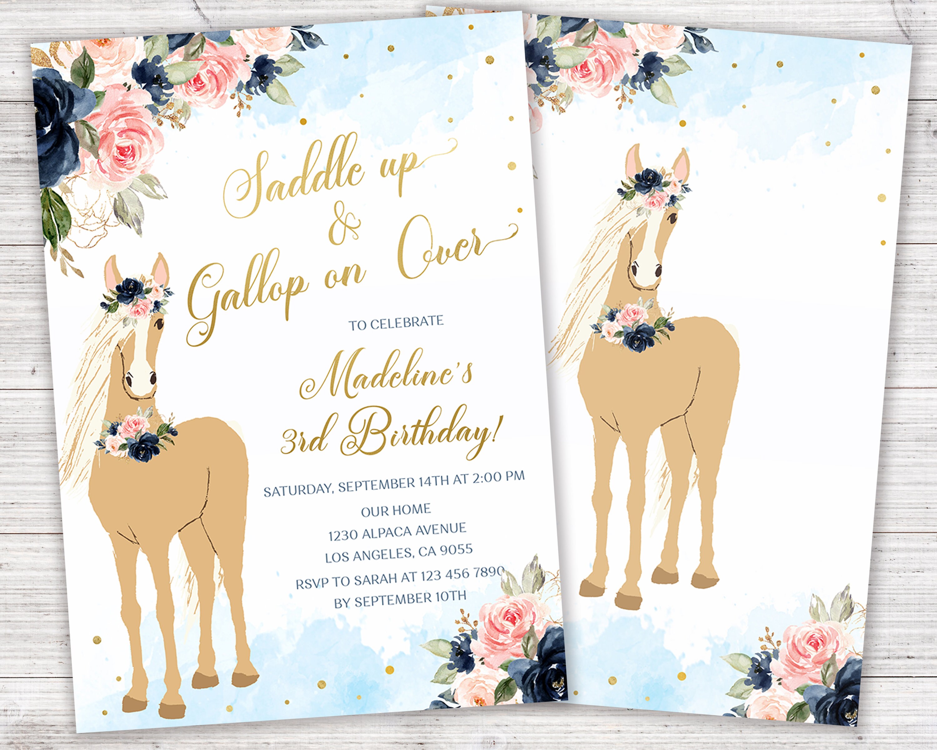 Horse Birthday Invitation Navy and Blush Birthday Invitation | Etsy