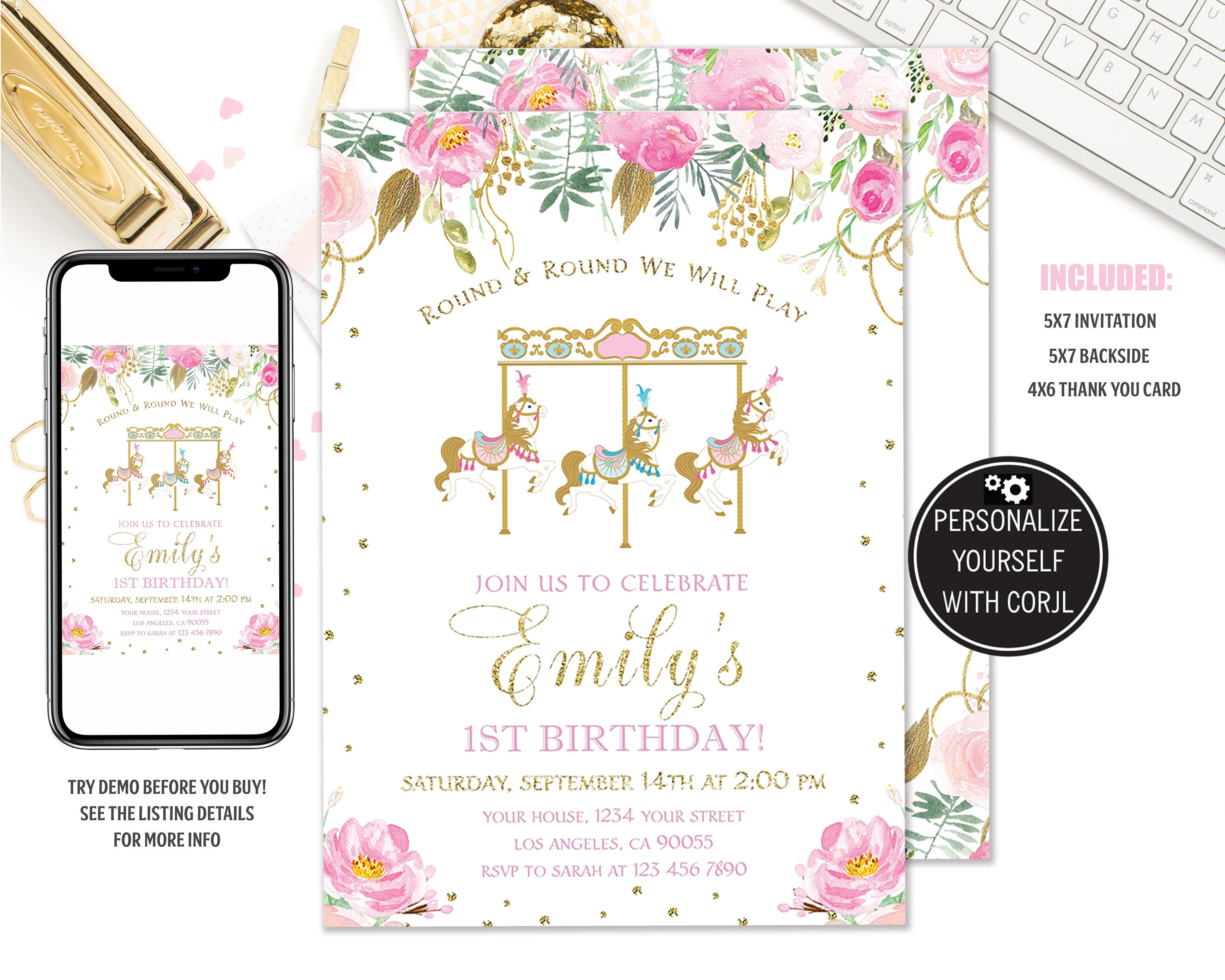 EDITABLE Carousel Birthday Invitation Pink & Gold Carousel - Etsy