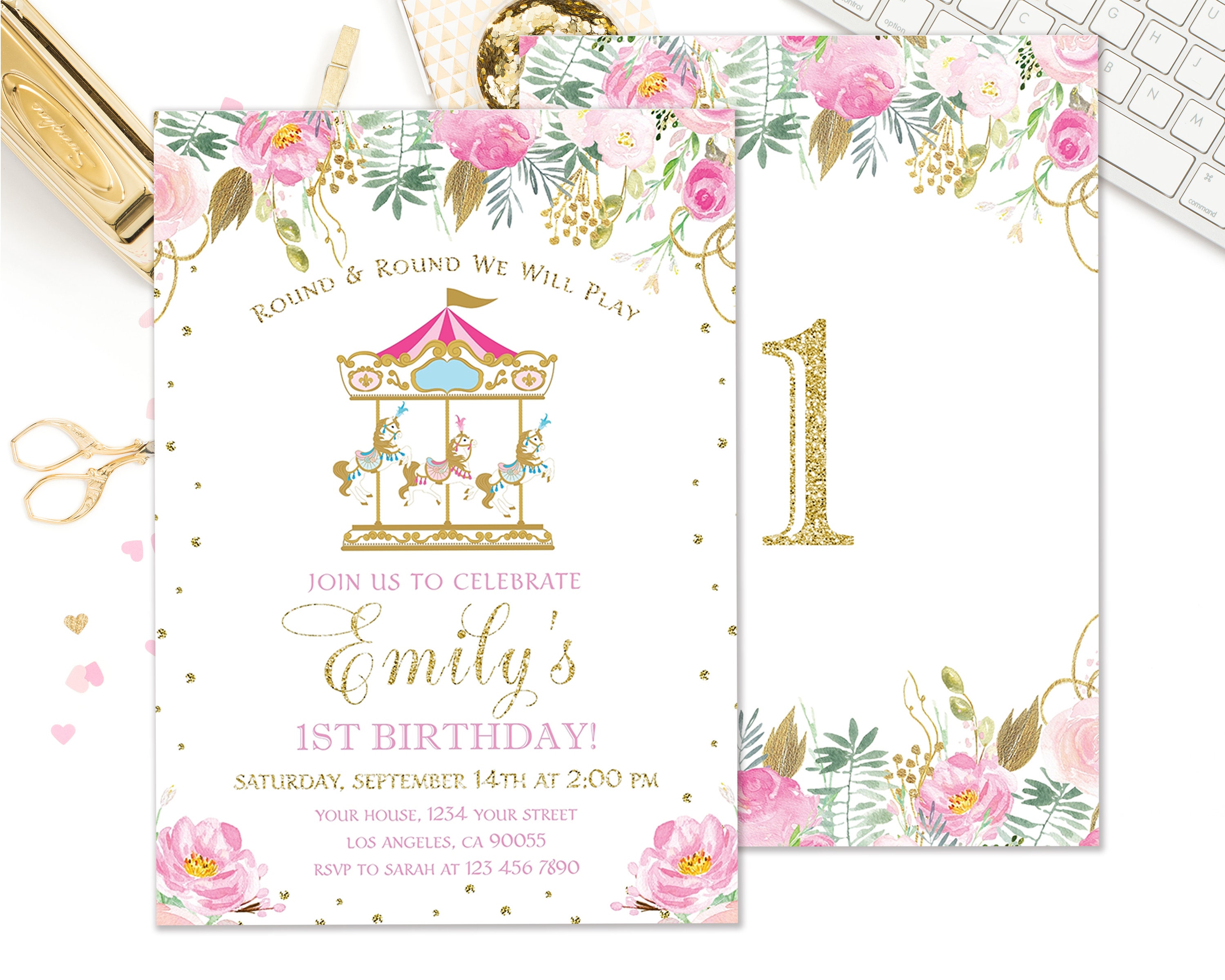 EDITABLE Carousel Birthday Invitation Pink & Gold Carousel - Etsy