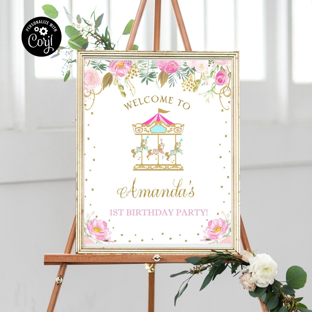 Carousel Birthday Welcome Sign, Editable Birthday Sign, First Birthday ...