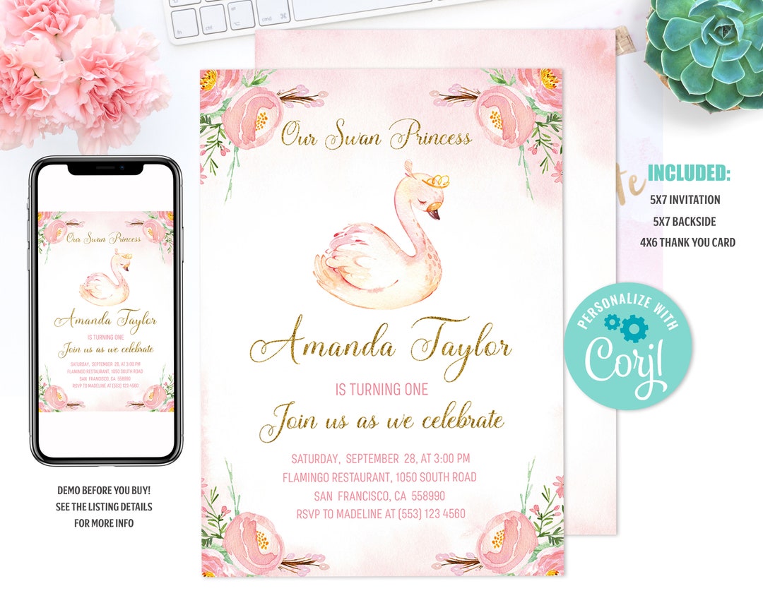 EDITABLE Swan Princess Party Invitation, Swan Princess Invitation, Pink ...