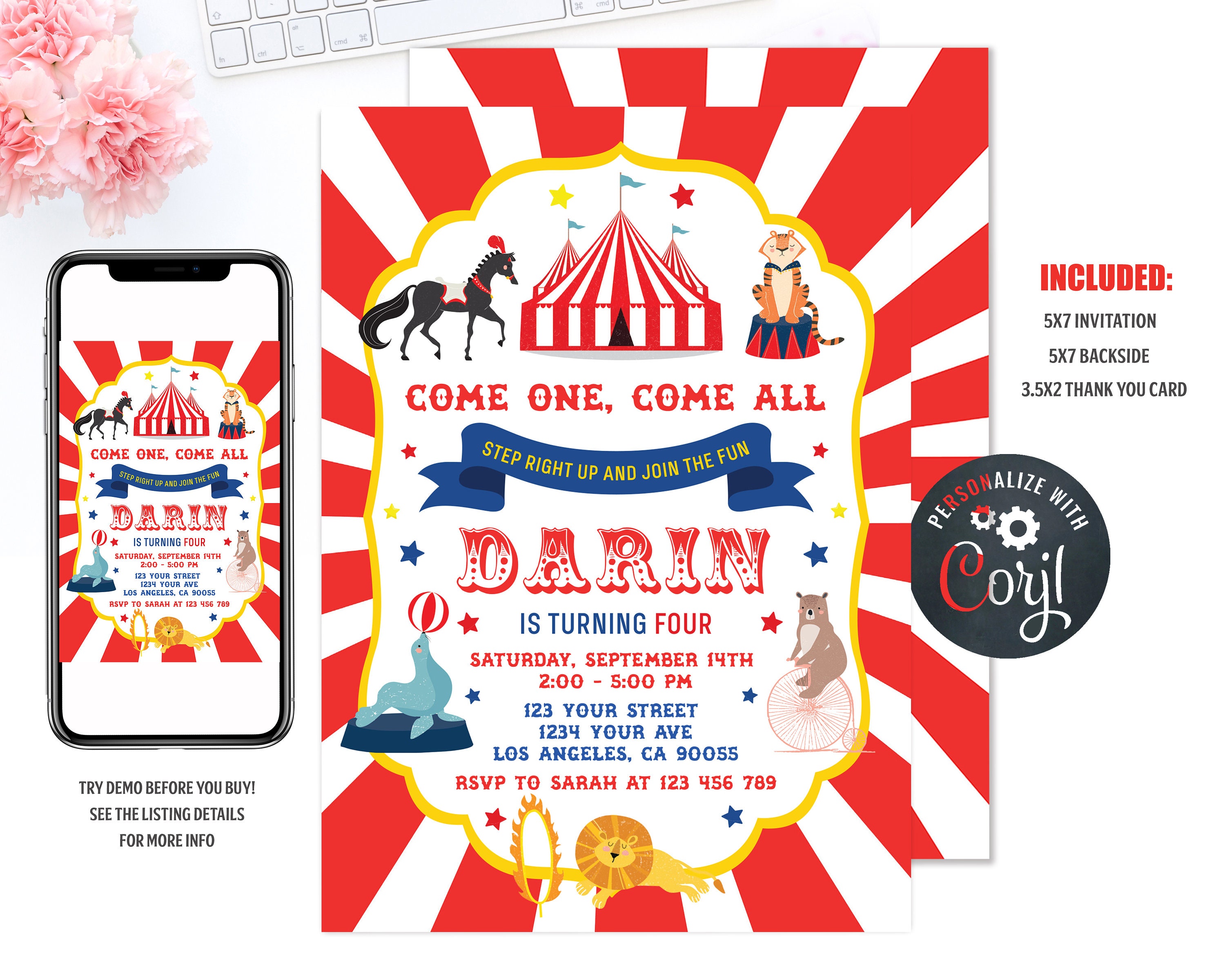 EDITABLE Circus Birthday Invitation Carnival Birthday invite | Etsy