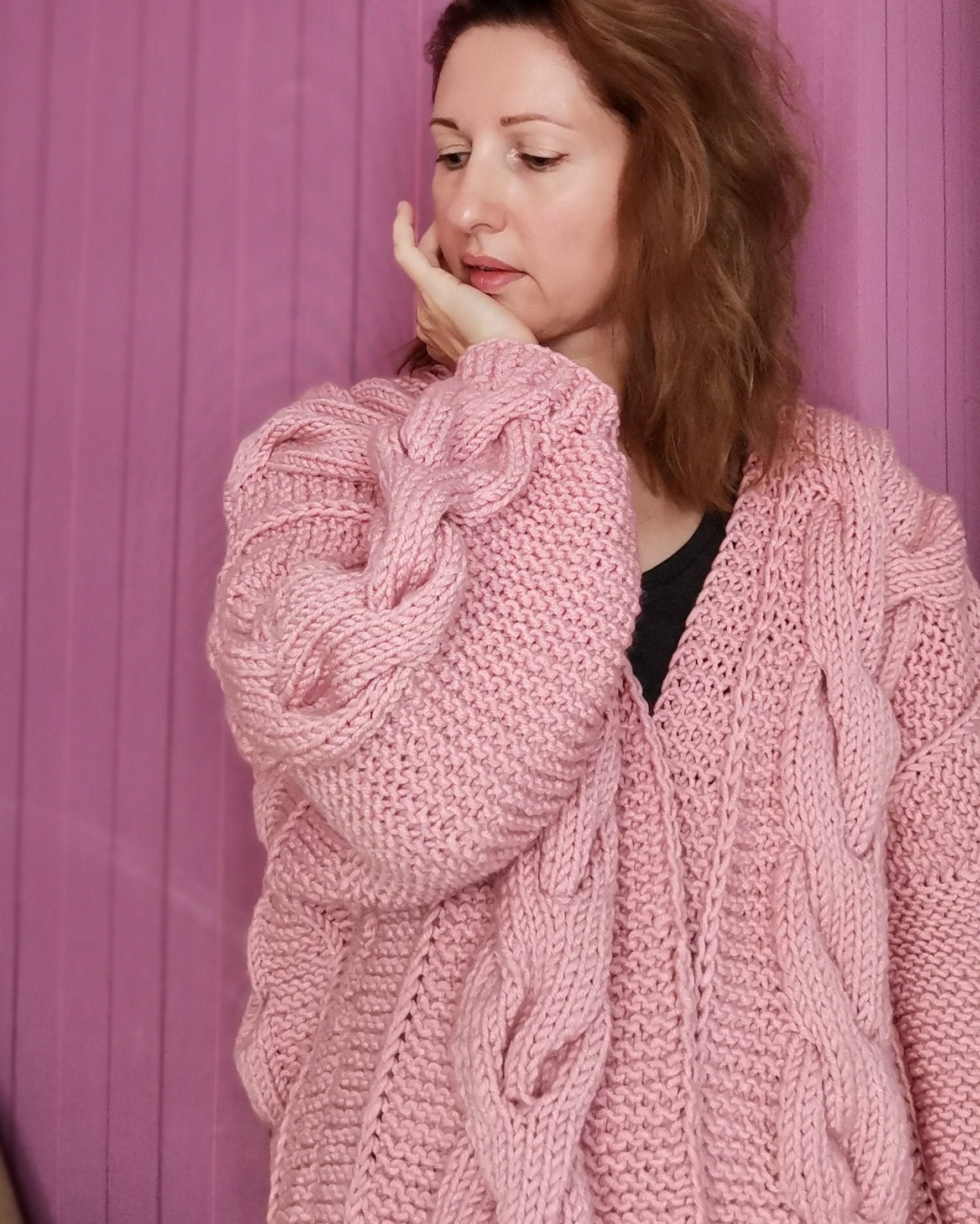 Chunky Cable Cardigan Pink Oversized Cardigan Bulky Cable Etsy