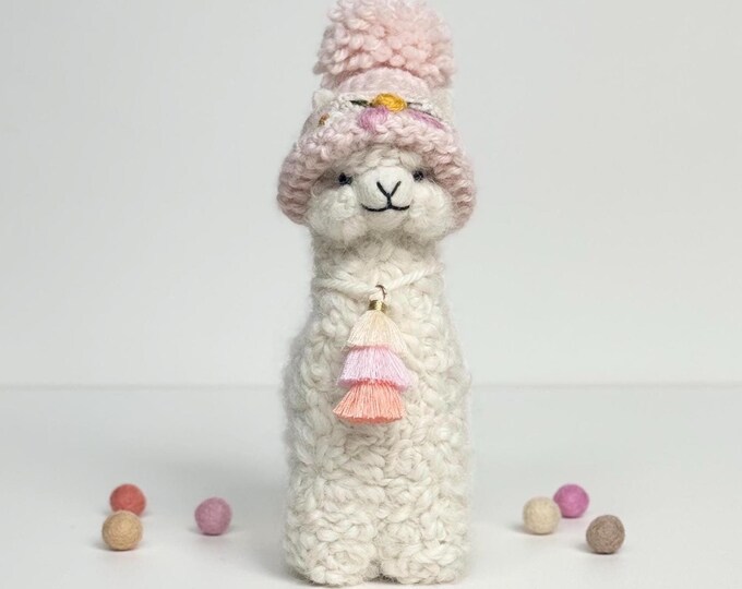 Needle Felted Alpaca Figurine With Embroidered Floral Hat Handmade Desk ...