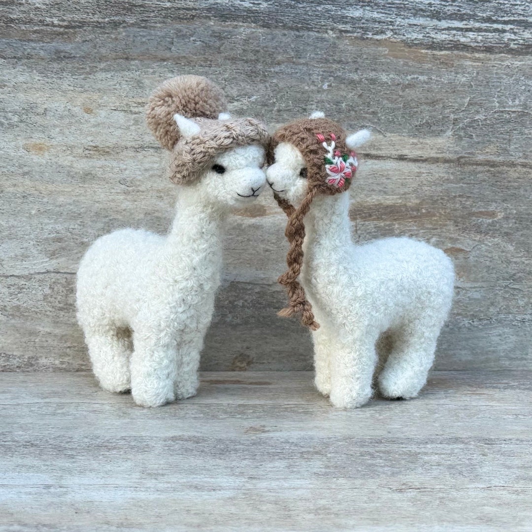 Alpaca Couple With Floral Hand Embroidered Hat and Beanie Pom Pom Hat ...
