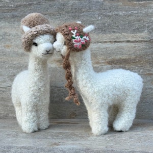 Alpaca Couple With Floral Hand Embroidered Hat and Beanie Pom Pom Hat ...