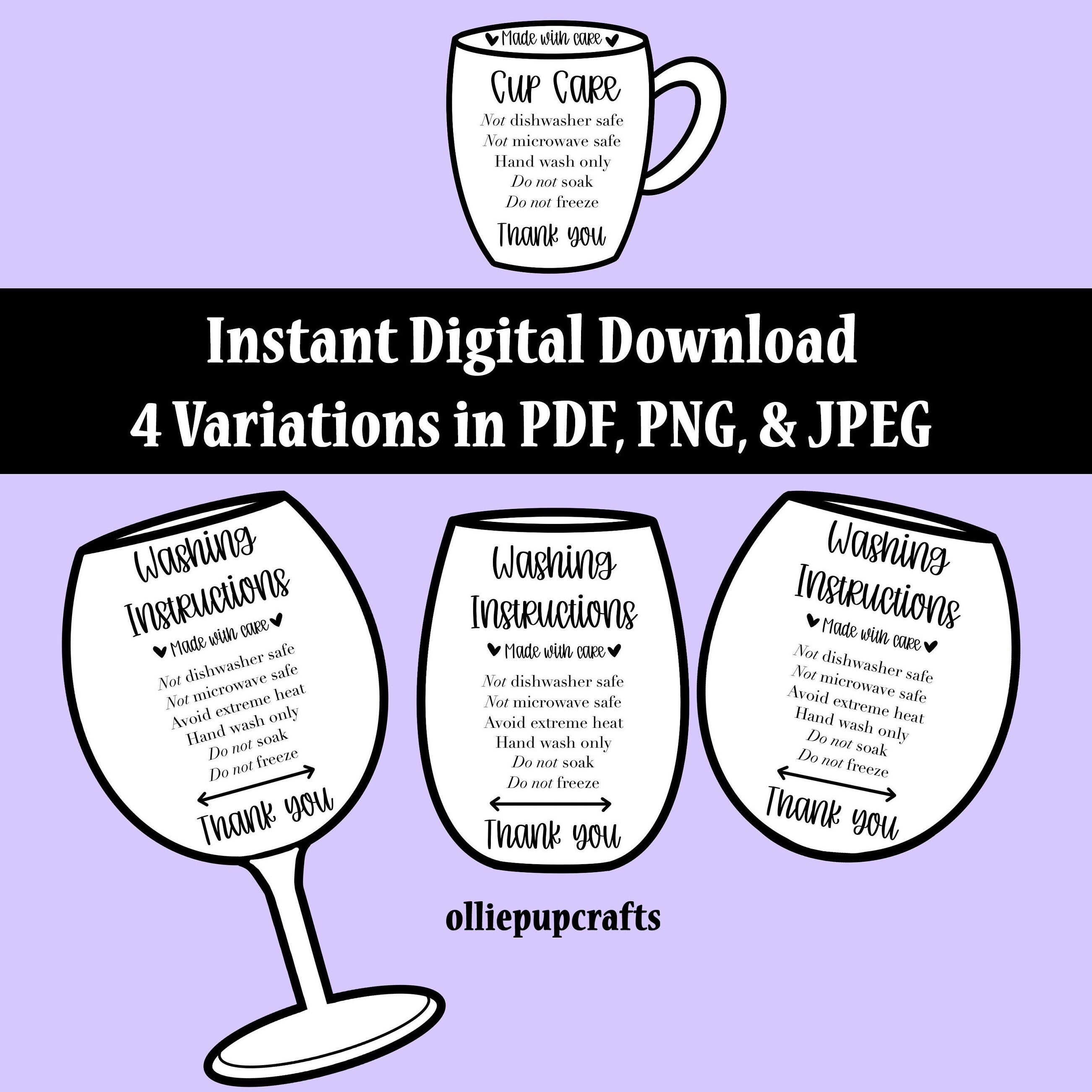 Cup Care Instructions, Printable Care Tags, Care Instructions for Wine ...