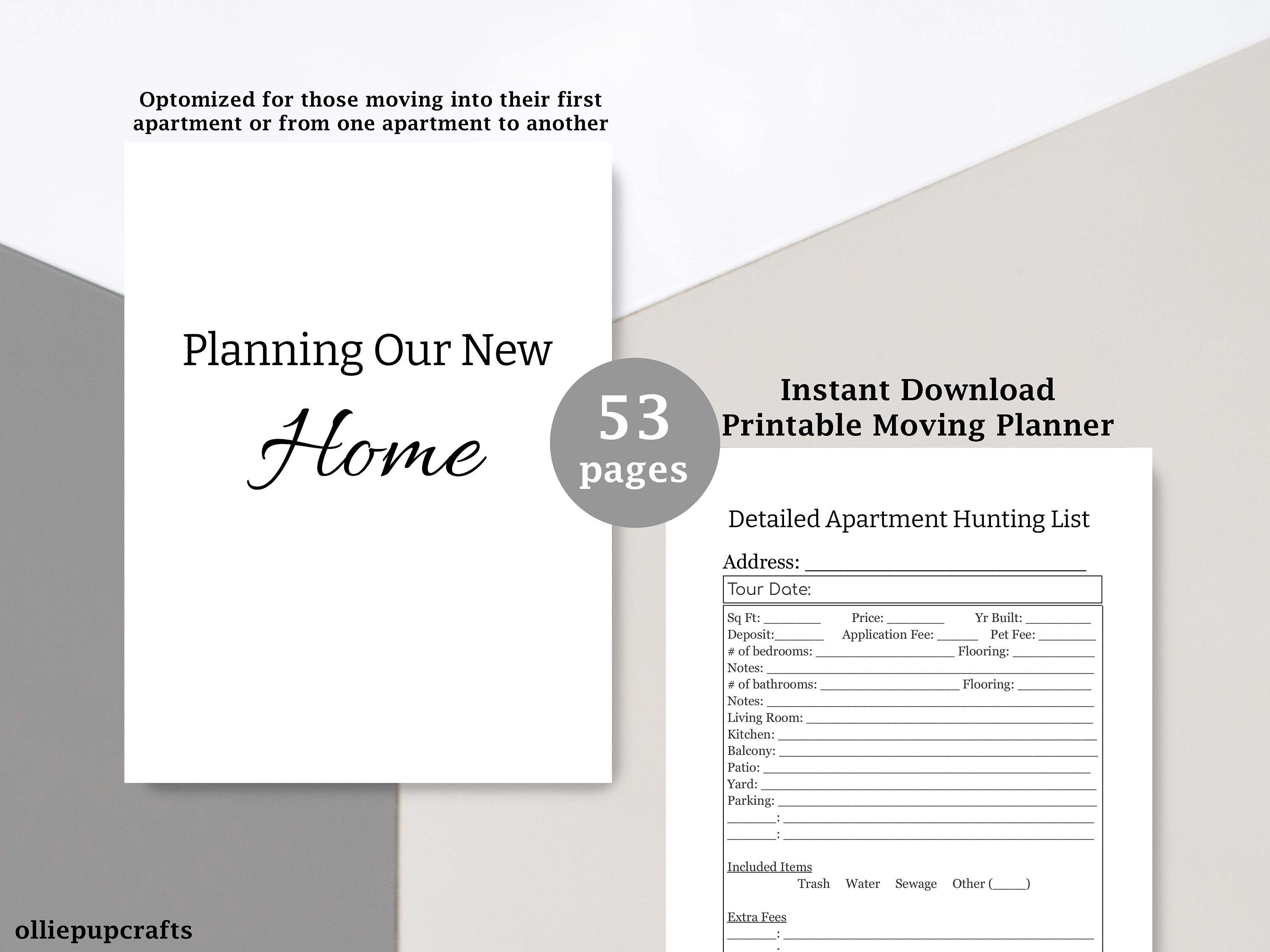 Apartment Planner, Printable Apartment Hunting Checklist, Moving Binder ...