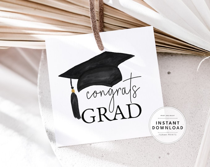 Printable Graduation Gift Tag With Watercolor Grad Cap | Black and Gold ...