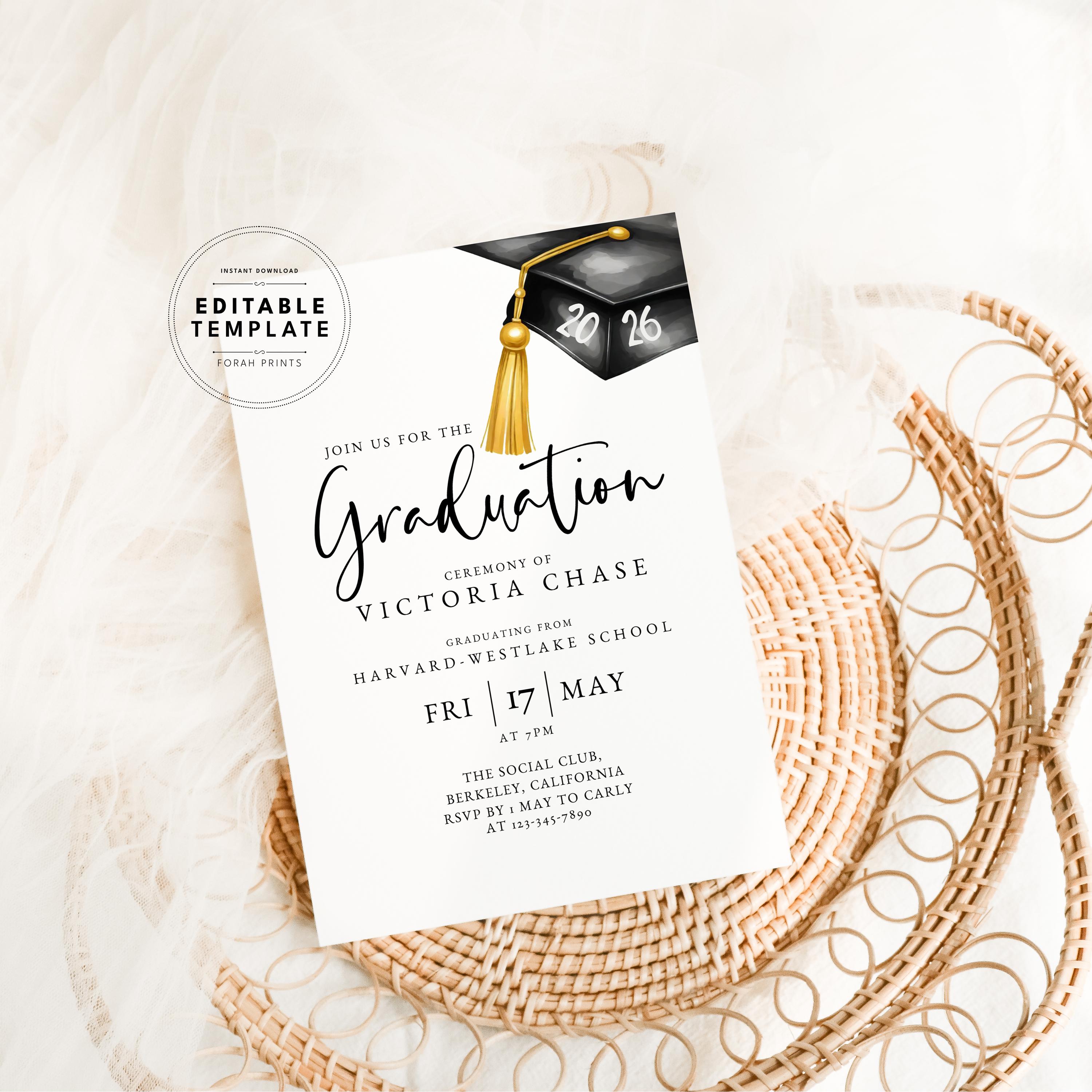 Editable Graduation Ceremony Invitation Template, Elegant Evite ...