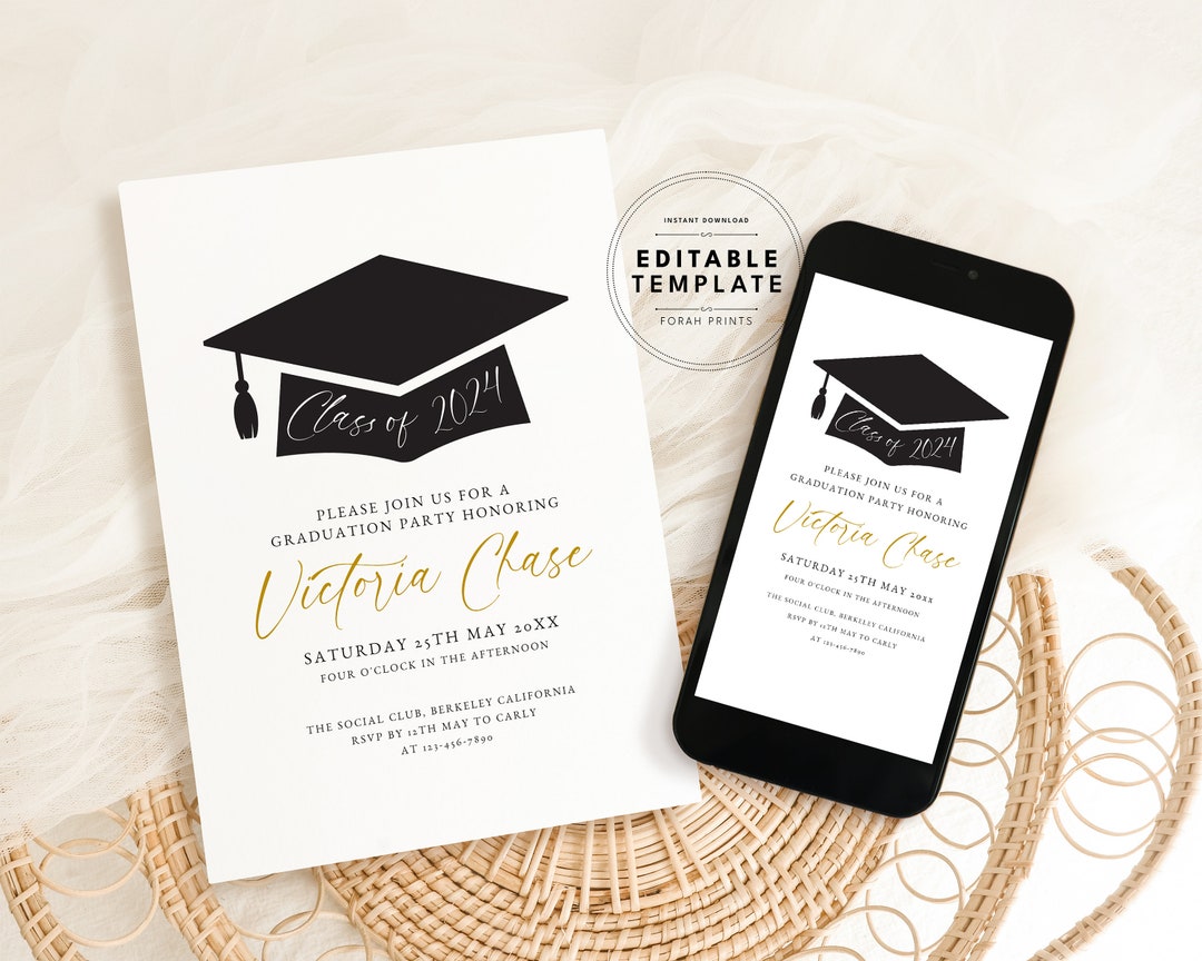 Editable Minimal Graduation Party Invitation and Evite Template, Simple ...