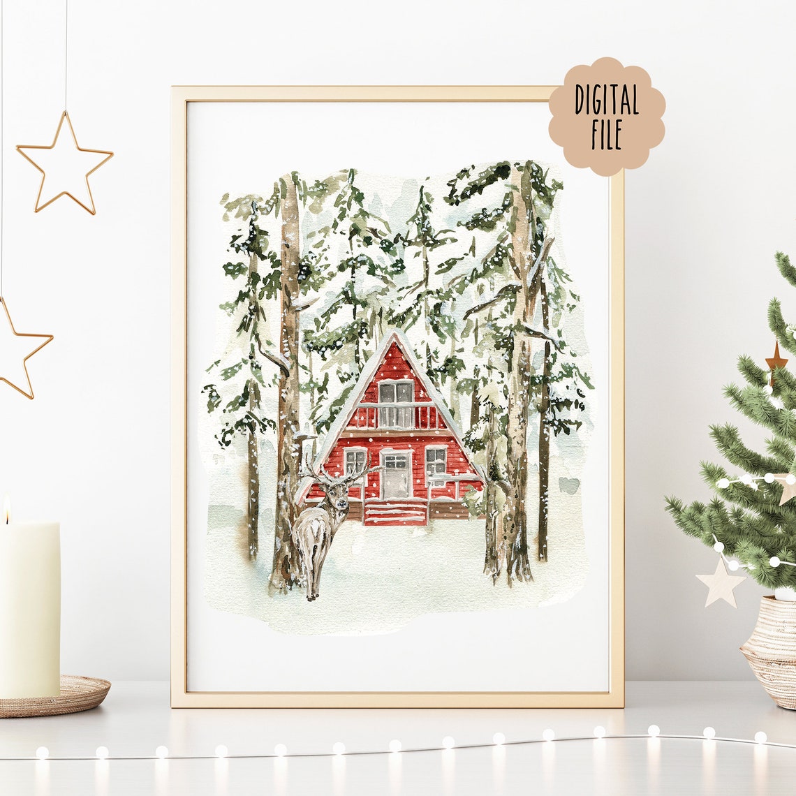 Winter Cabin Print, Christmas Wall Art, Winter Forest Print, Christmas ...