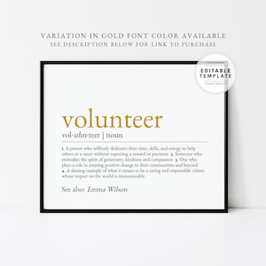 Editable Volunteer Definition Print, Volunteer Appreciation Gift ...