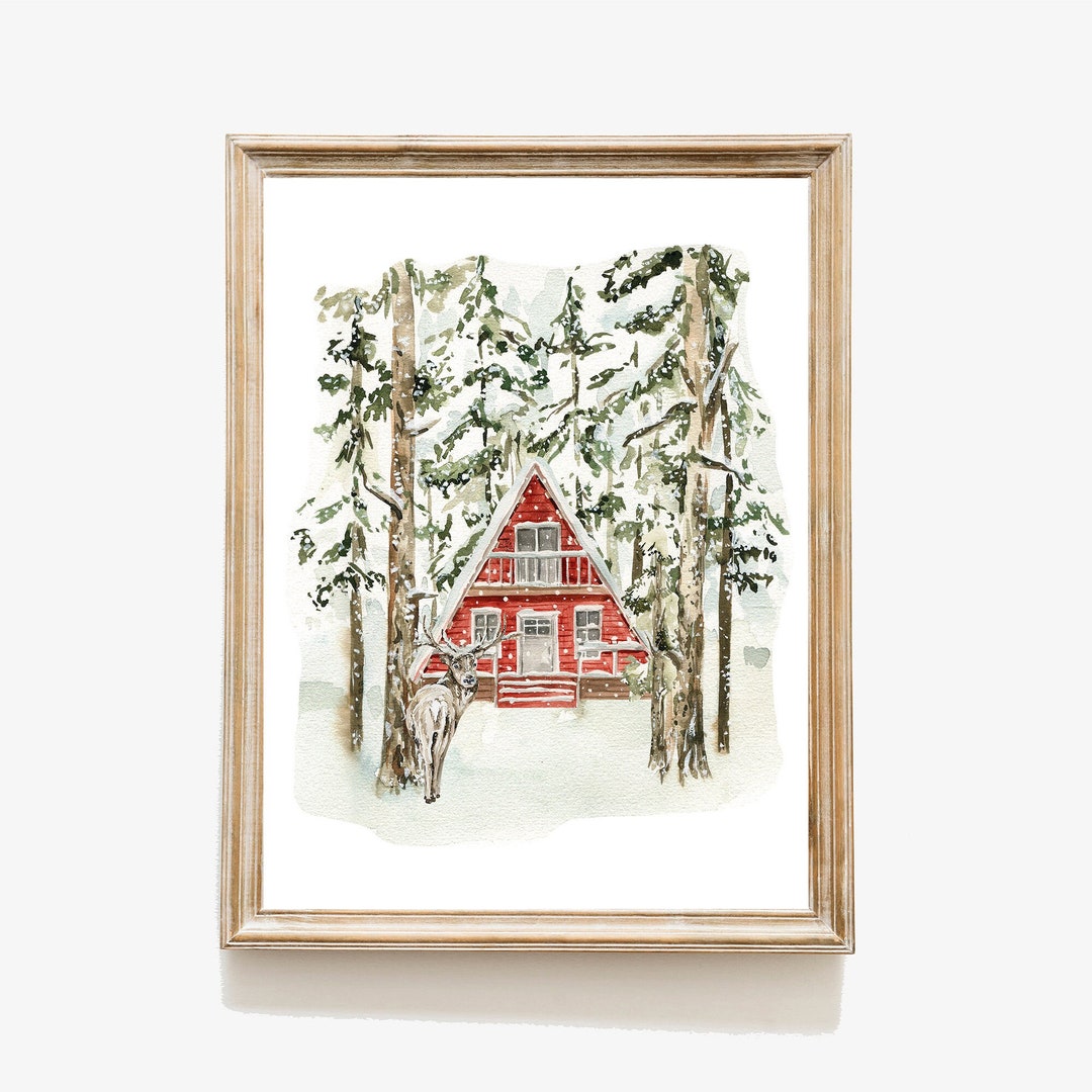 Winter Cabin Print, Christmas Wall Art, Winter Forest Print, Christmas ...