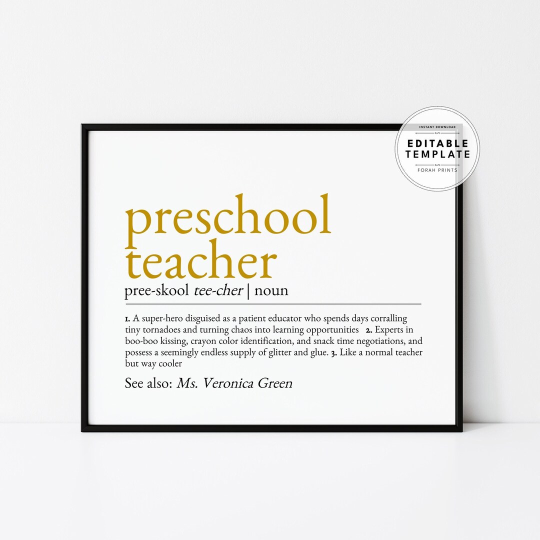 Editable Custom Preschool Teacher Definition, Preschool Teacher Gift ...