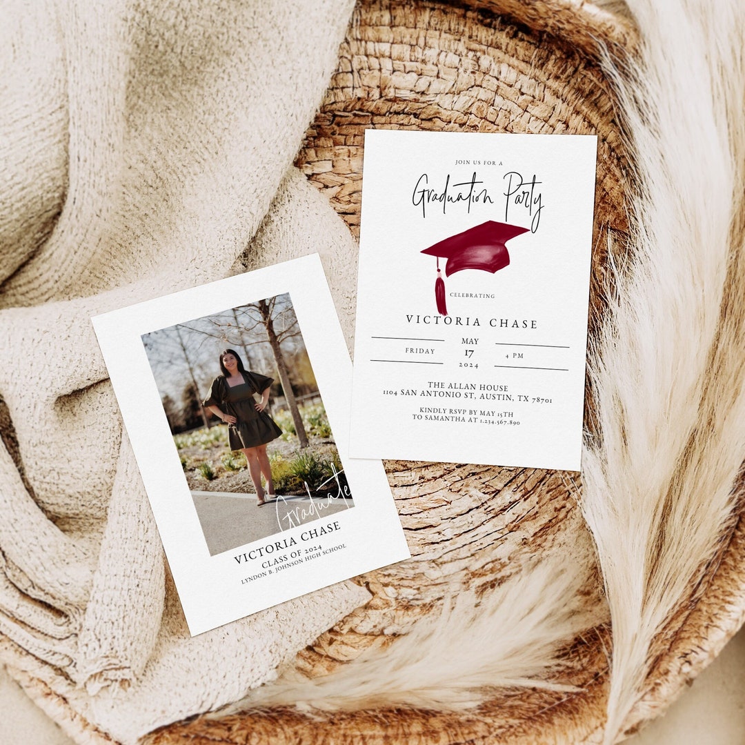 Benne Graduation Invitation Template, Red Grad Cap, Graduation Party ...