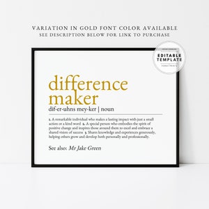 Editable Custom Difference Maker Definition Print: Employee Gift ...