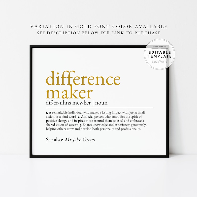 Editable Custom Difference Maker Definition Print: Employee Gift ...