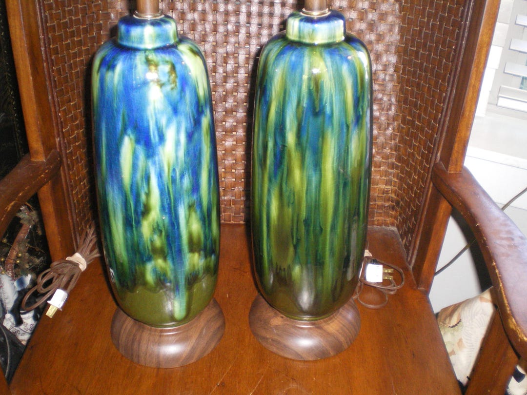 Stunning Pair of Leviton Mid Century Ceramic Lamps Green/blue Drip ...