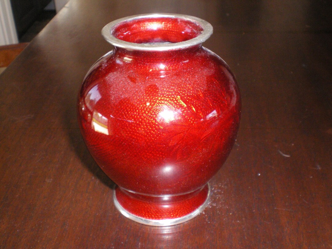 Stunning Antique Japanese Cloisonné RED Pigeon Blood Vase W/leaves ...