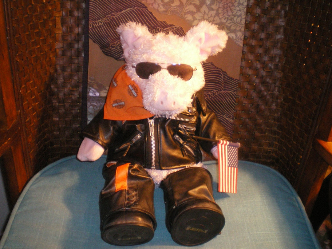 RARE Cool Harley Pig in Harley Davidson leathers Coat & Chaps W/logos ...