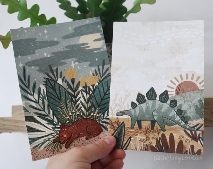 POSTCARD SET Dinosaur and Bear, A6 Postcards, Stars, Sun, Stegosaurus ...