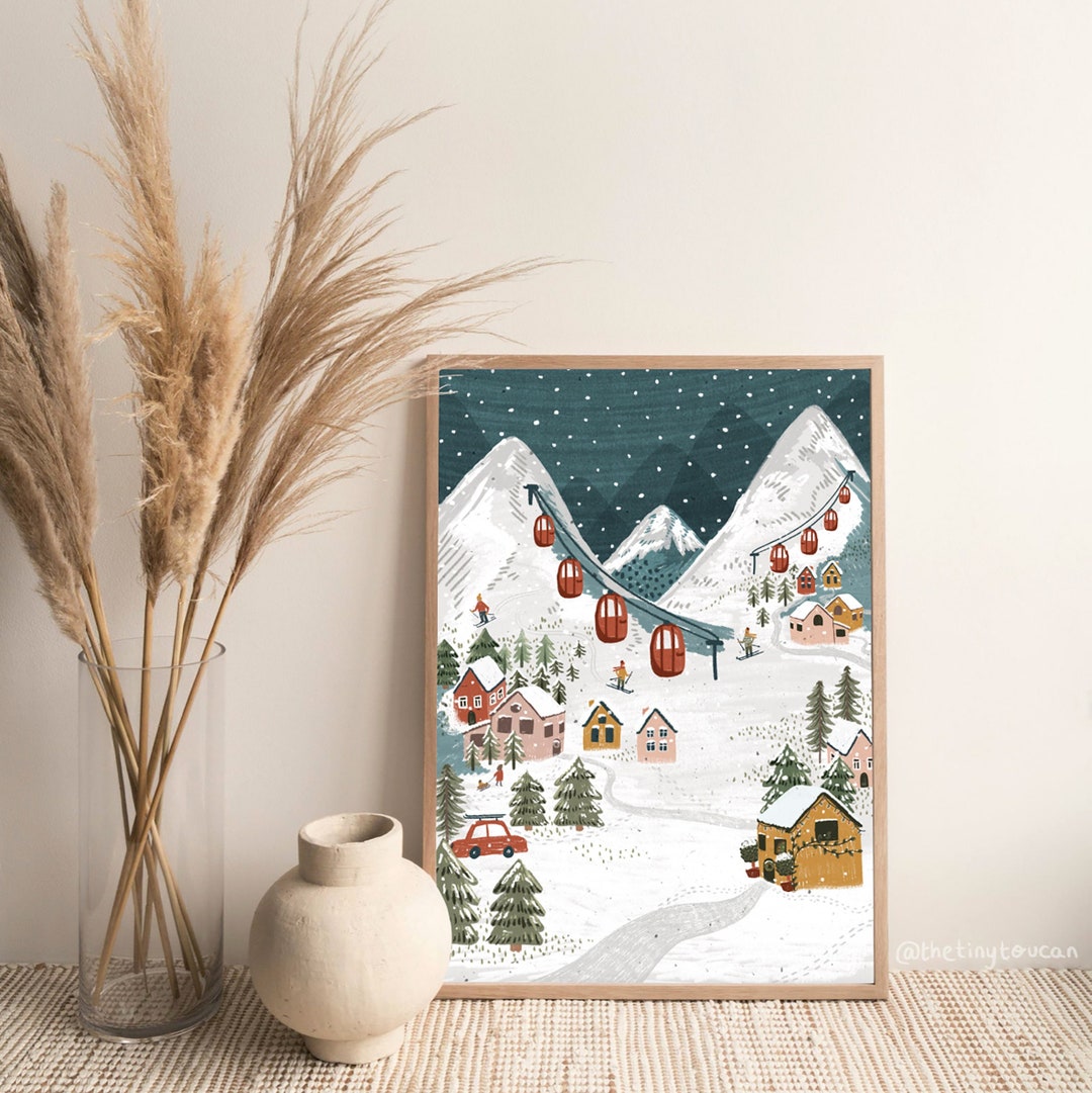 Snowy Ski Scene Fine Art Print, Christmas Decor, Christmas Art Print ...