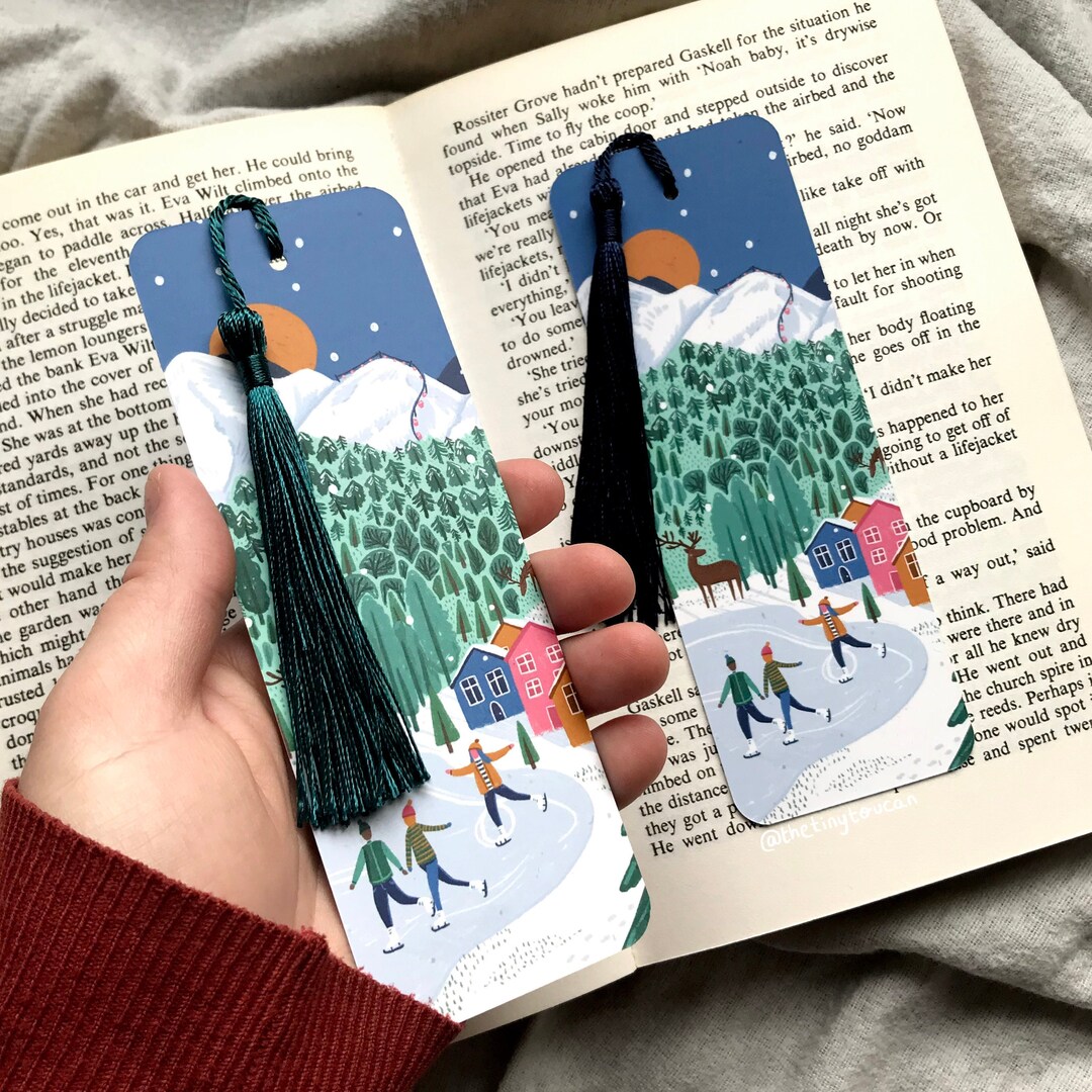 Snowy Mountain Bookmark. Ice Skaters Illustration- Ski- Winter- Cosy ...