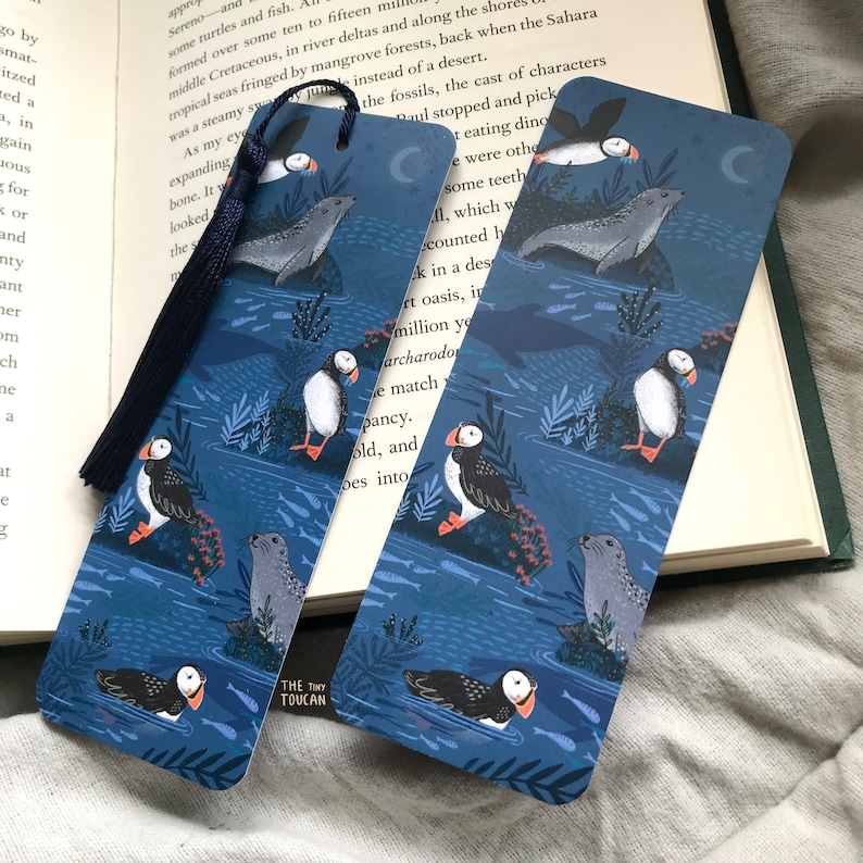Puffins and Seal Bookmark. Night Sky, Ocean, Fish, Seaside, With or ...