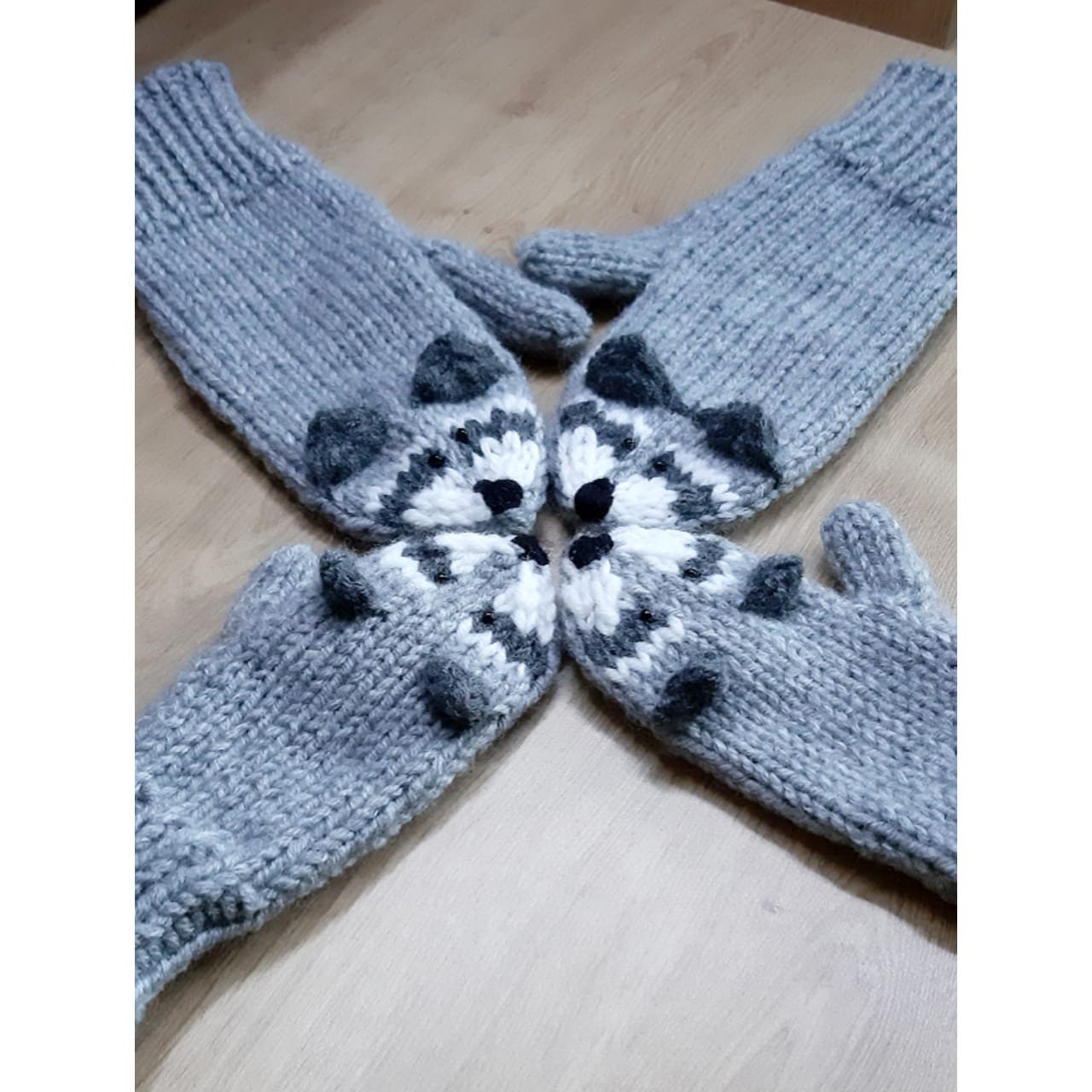 Animal Mittens With Raccoons Matching Knit Gloves Couple Look Mommy and ...
