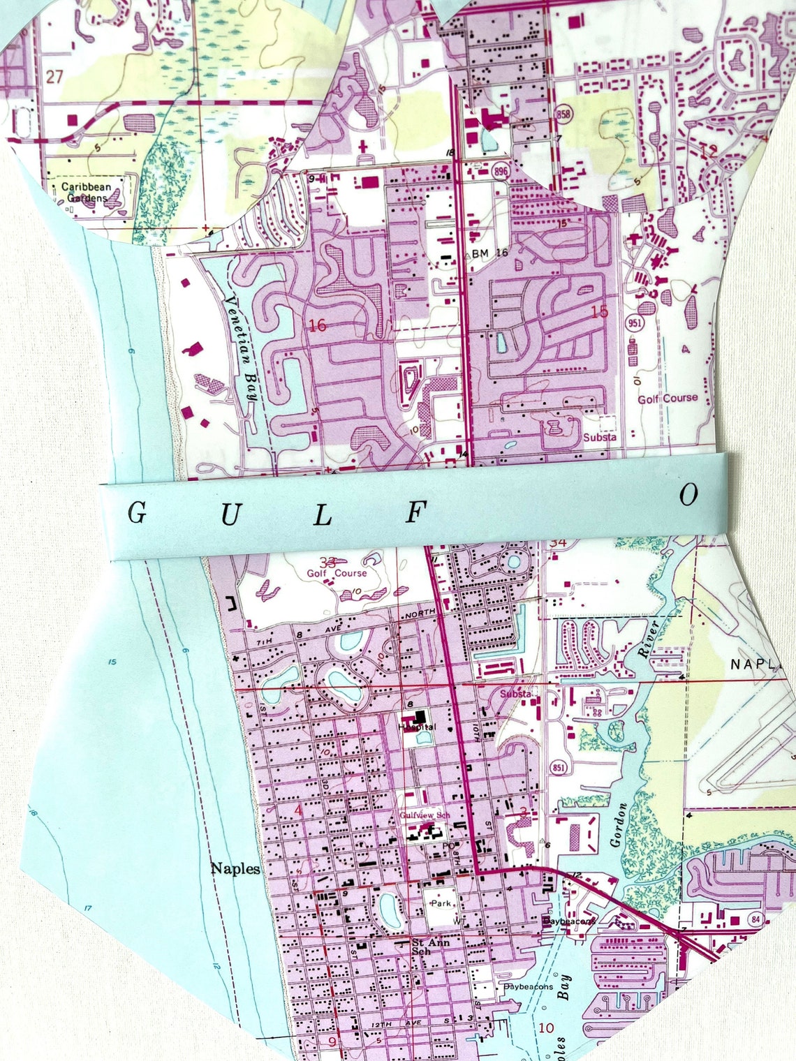 Naples Florida Map Bathing Suit Art, Paper Map Wall Hanging, Coastal ...