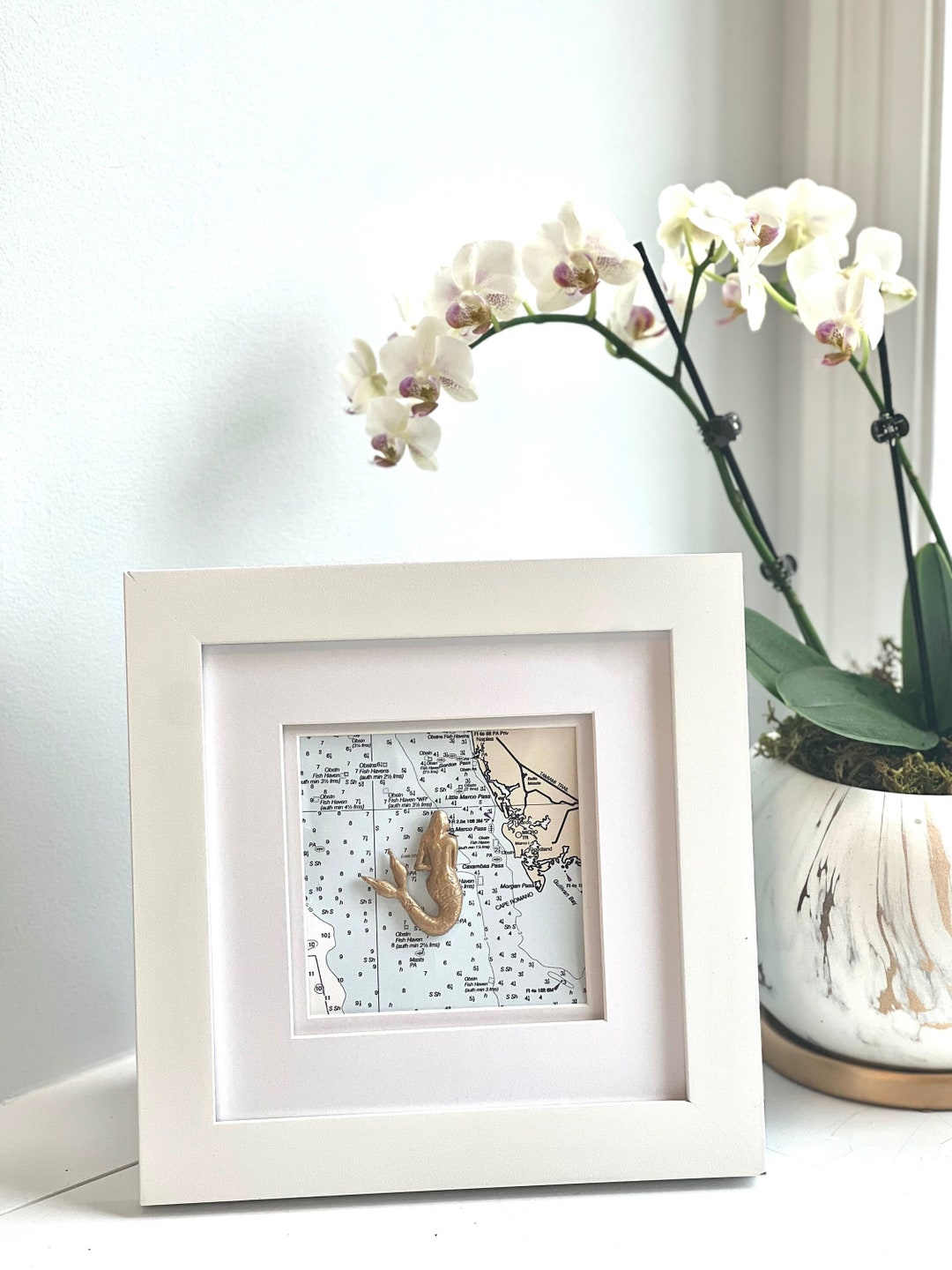 Gold Intaglio Mermaid Nautical Chart Art, Mermaid Baby Shower, Cottage ...