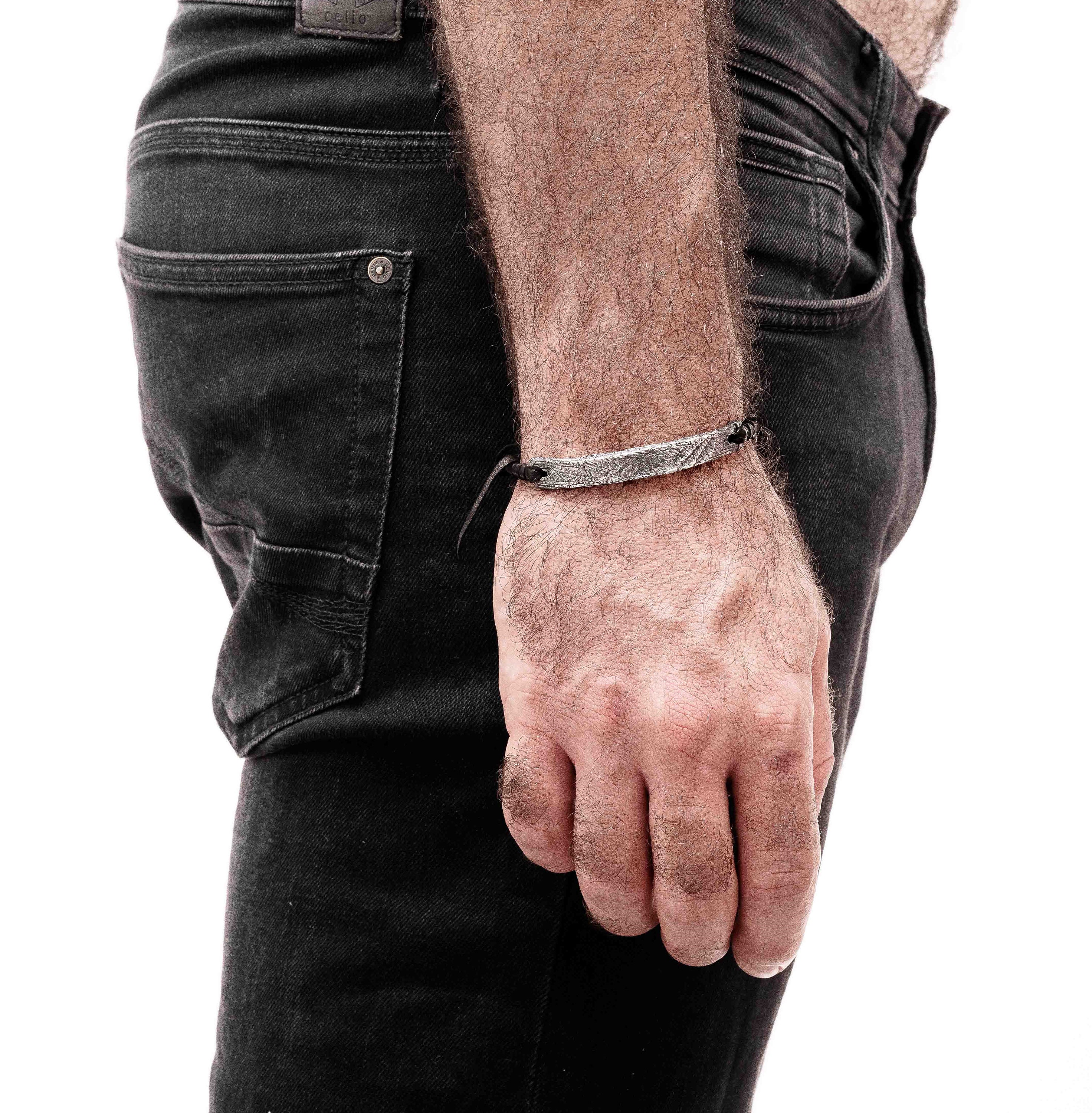 Rustic Silver Bar Leather Metal Bracelet | Etsy