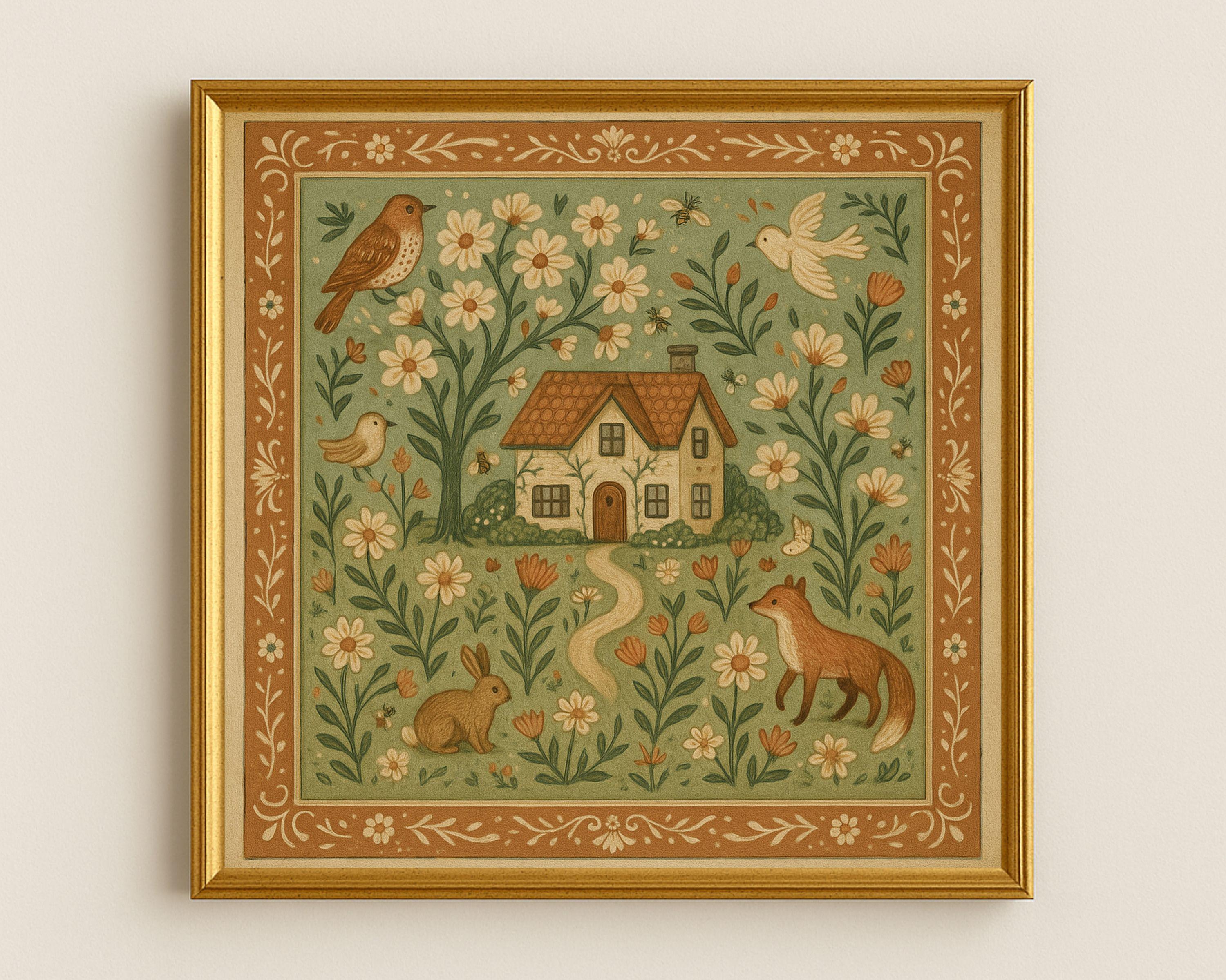 Cottagecore Floral Folk Art Print | Rustic Woodland Wall Art | Vintage ...