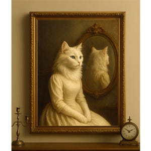 White Cat Portrait Printable – Vintage Mirror Art, Regal Cream Cat Wall ...