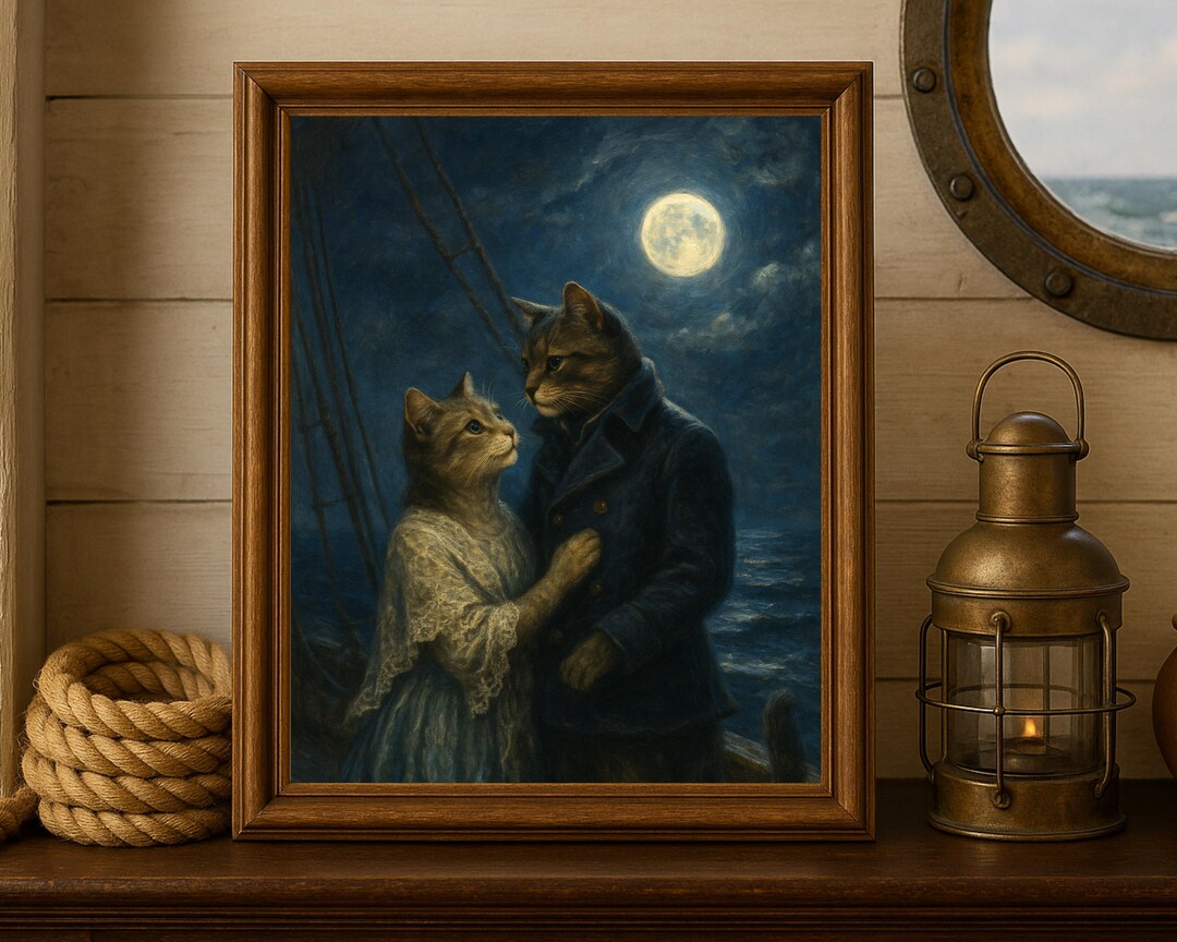 Romantic Nautical Cat Art Printable – Moonlit Sailor Cat Couple ...
