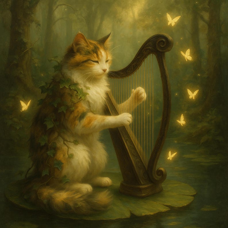 Magical Cat Harpist Art: Enchanted Forest Nursery Print Digital ...
